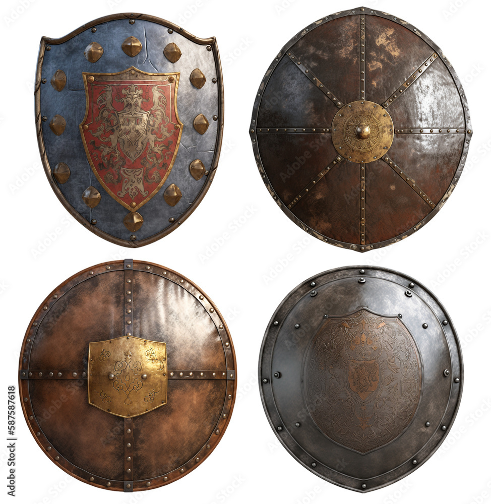 A collection of four different medieval shields of knights and warriors ...