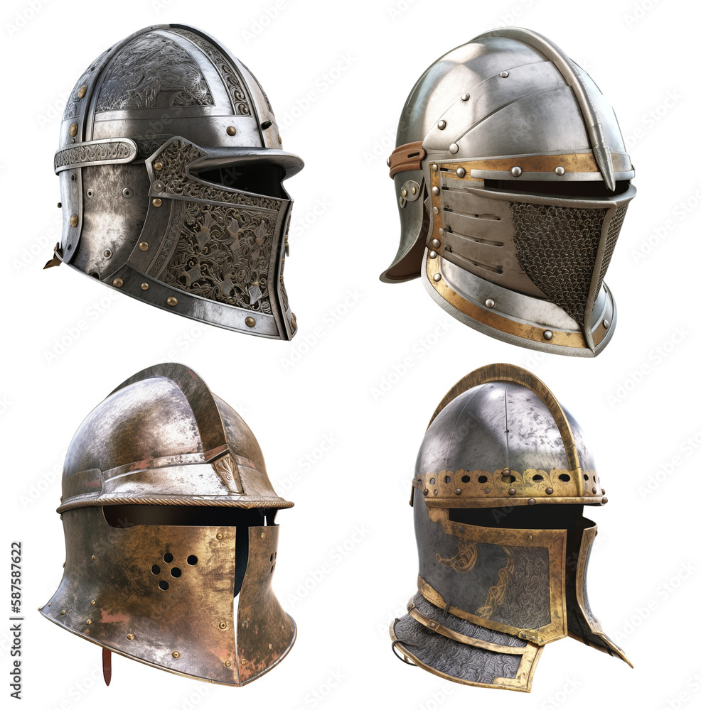 A collection of four different medieval helmets of knights on a ...