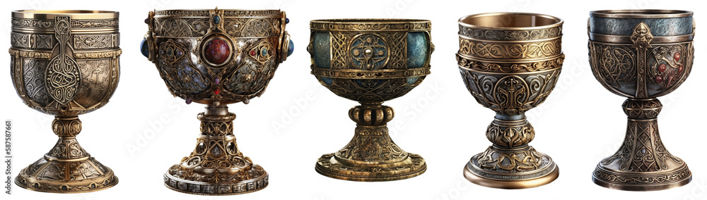 A collection of five different medieval chalices in gold and with ...