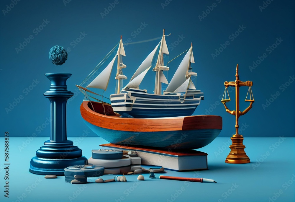 Maritime Law of the sea. Boat and judge gavel on blue color background ...