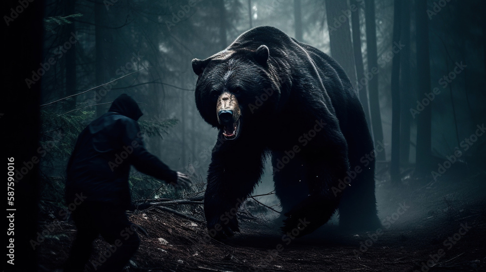 brown bear attacking a men in the woods Stock Illustration | Adobe Stock
