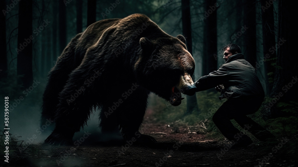 brown bear attacking a men in the woods Stock Illustration | Adobe Stock