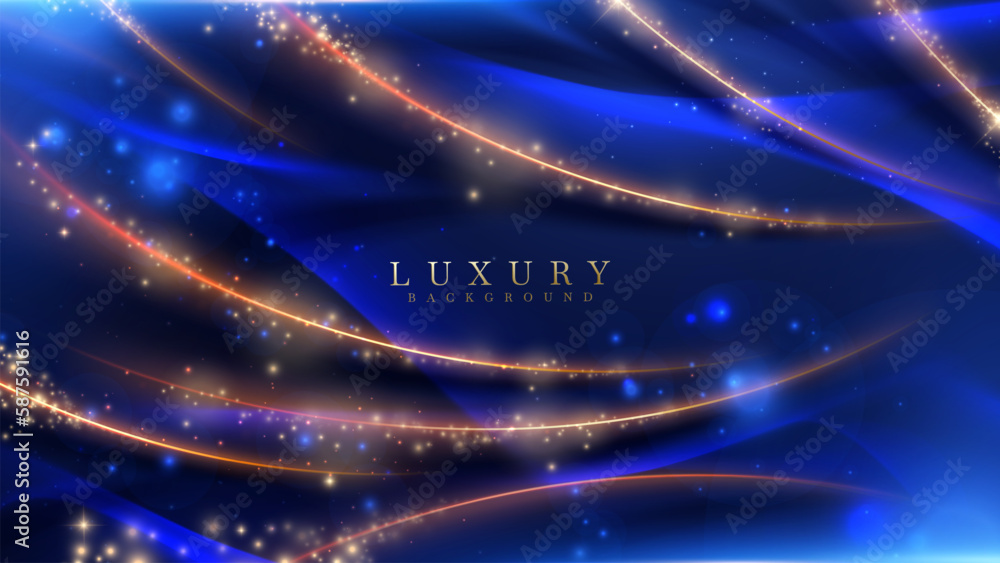 Blue luxury background with golden line decoration and curve light effect with bokeh elements ...