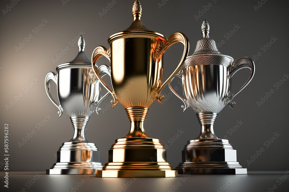 Top 3 spots winners trophies gold, silver and bronze in dark background ...
