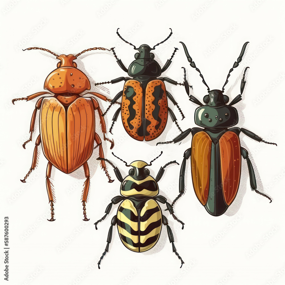 Set of beetles on a white background. Various types of AI generated ...