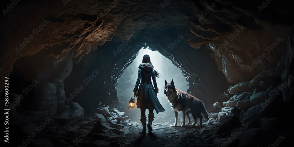 Person and canine in a dark cave, hyper-realistic fantasy art, in the ...