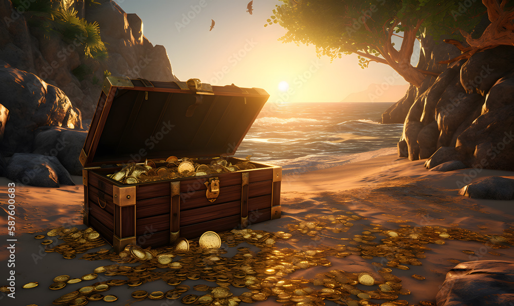 Chest of gold coins on sandy beach with pirate treasure background in ...