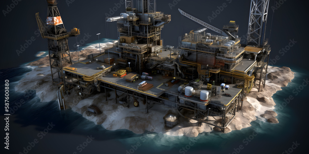Hyper-realistic 3D render of an oil rig mining outpost in the middle of ...