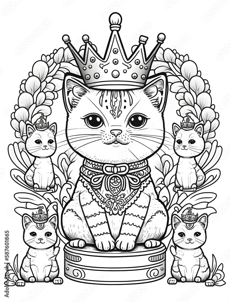 cat with crown, Cat wearing a crown and being carried on a throne by ...