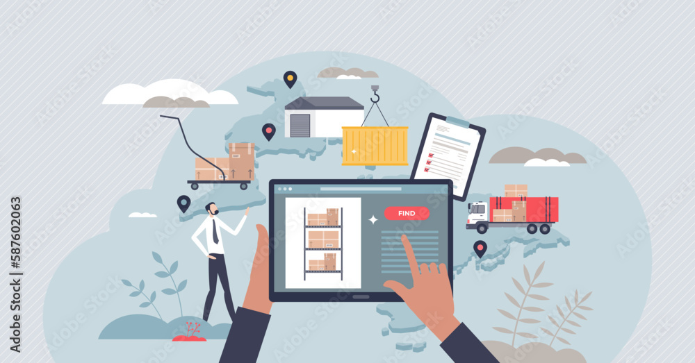 Inventory management with modern warehouse software tiny person concept ...