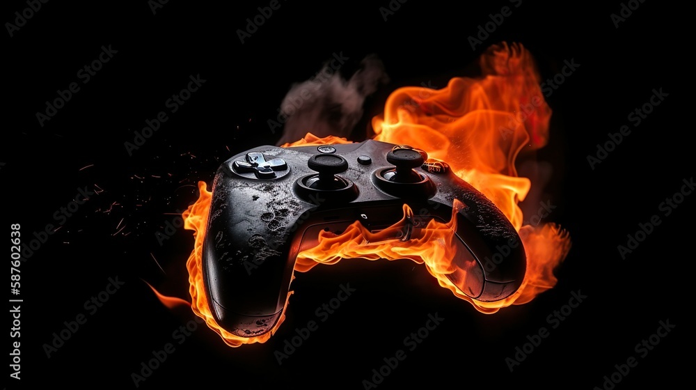 Illustration of a burning game controller in flames isolated on a black ...