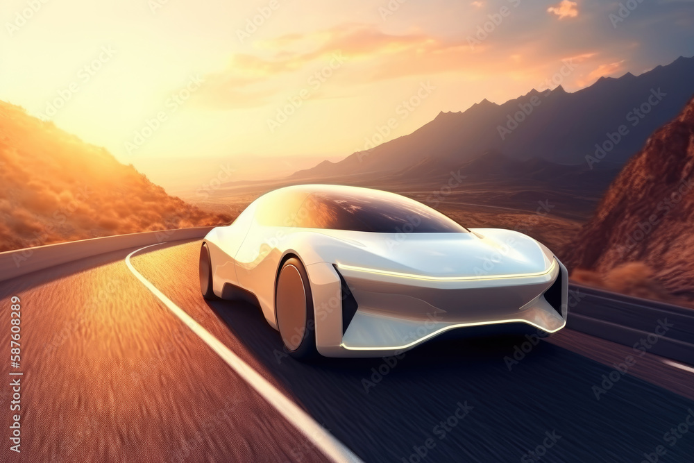 Futuristic EV car driving at high speed on asphalt road with dramatic ...
