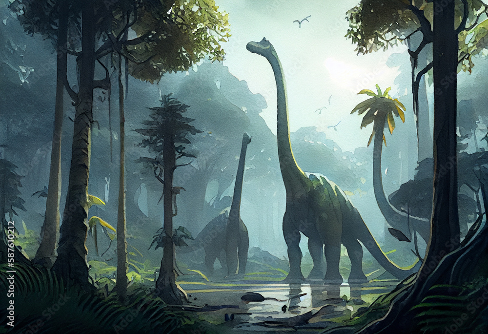 A lush, dense forest filled with giant, prehistoric creatures. In the ...
