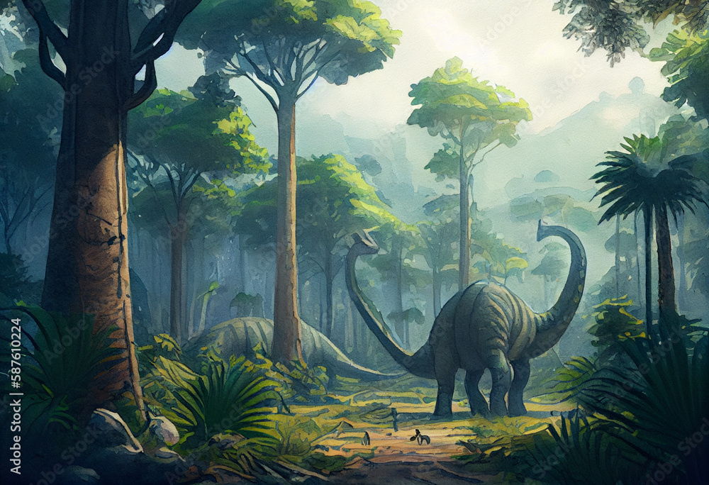 A lush, dense forest filled with giant, prehistoric creatures. In the ...