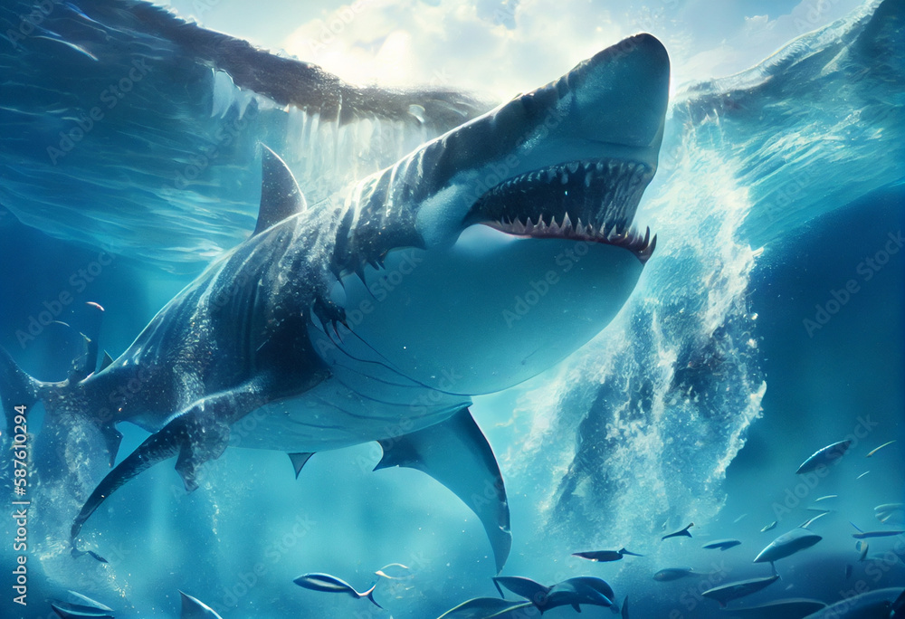 A sparkling, crystal-clear ocean filled with giant prehistoric sharks ...