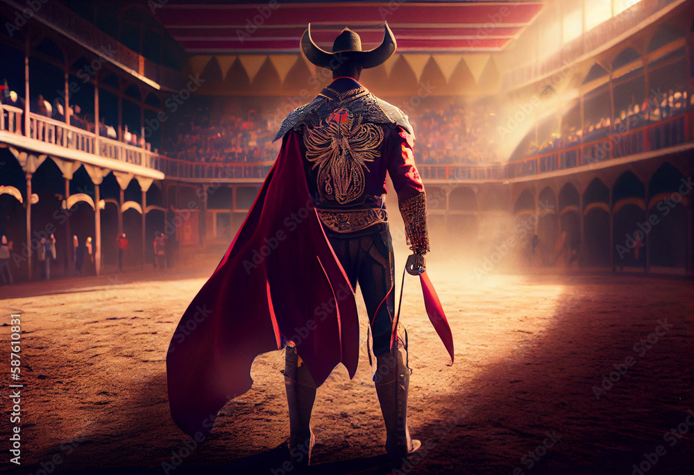 matador standing in the center of a bullring, his cape flowing as he ...