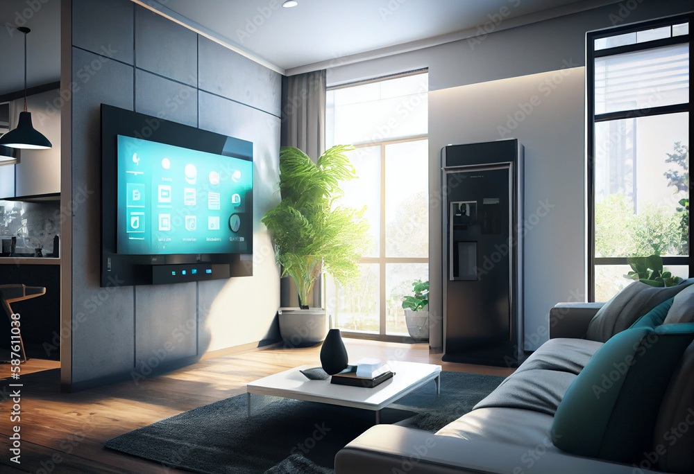 A modern living room with smart devices, including a voice-controlled ...
