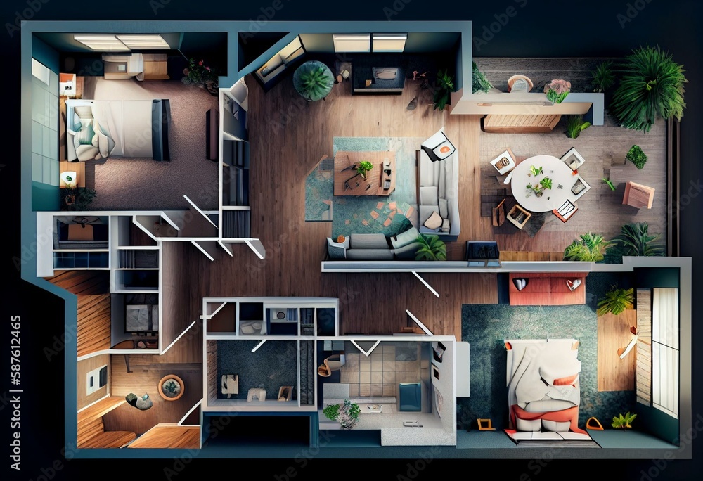 3D Floor plan of a home, 3D illustration. Open concept living apartment ...