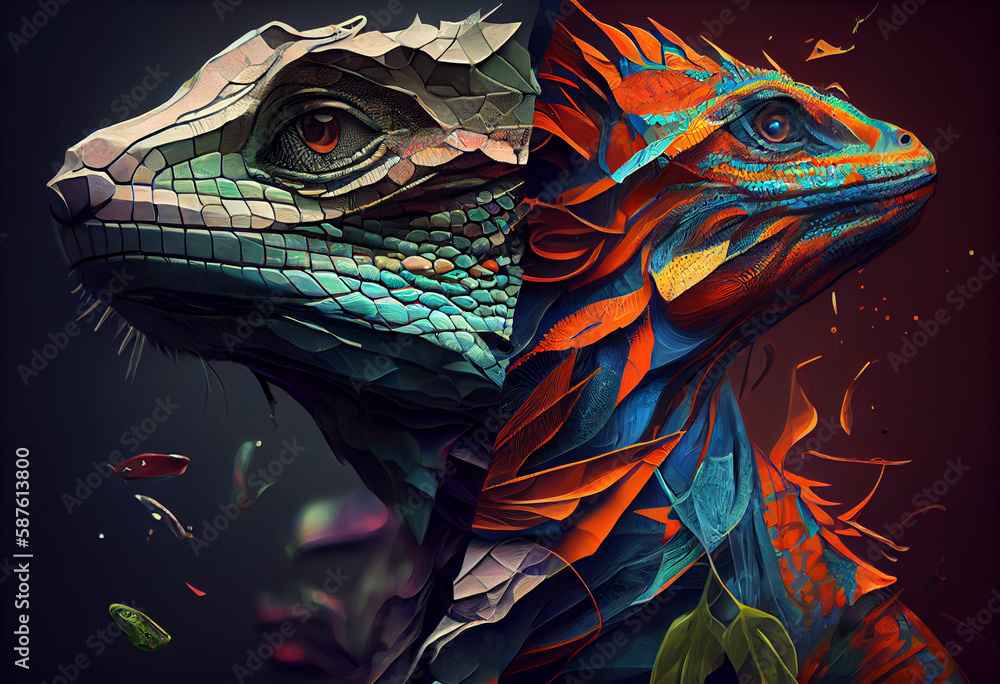 An abstract, surrealist portrait of a Lizards, featuring exaggerated ...