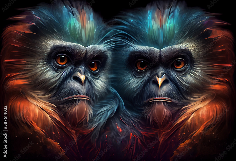 An abstract, surrealist portrait of a Tamarin monkeys, featuring ...