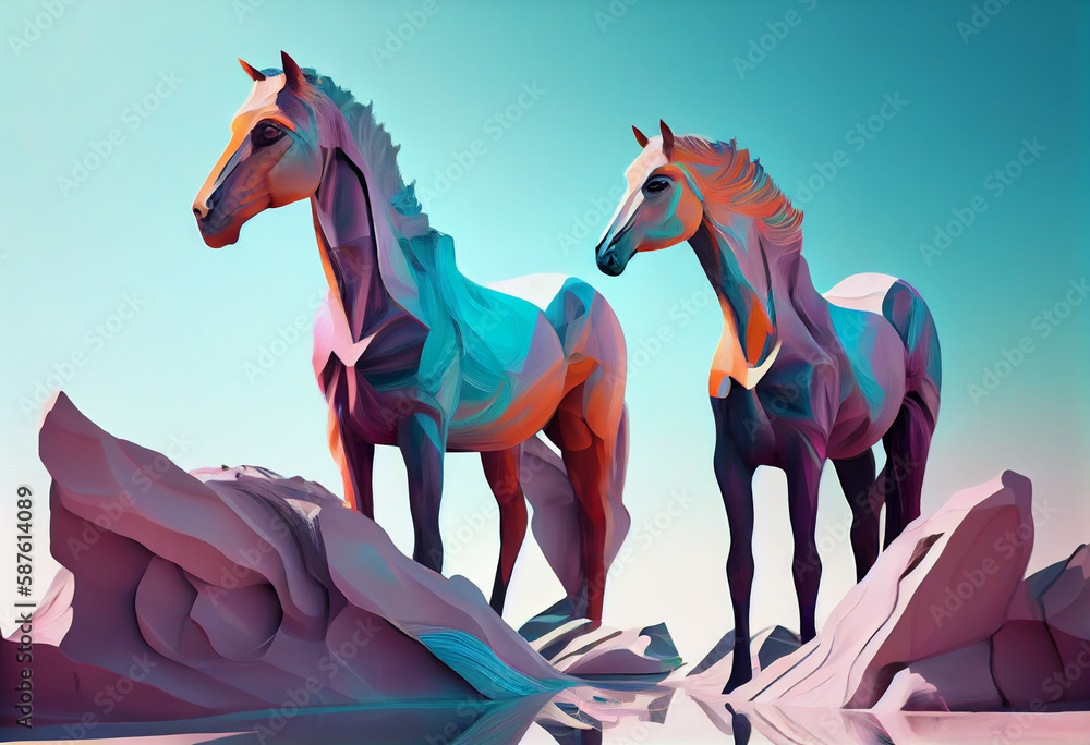 An abstract, surrealist portrait of a Savannah horses, featuring ...