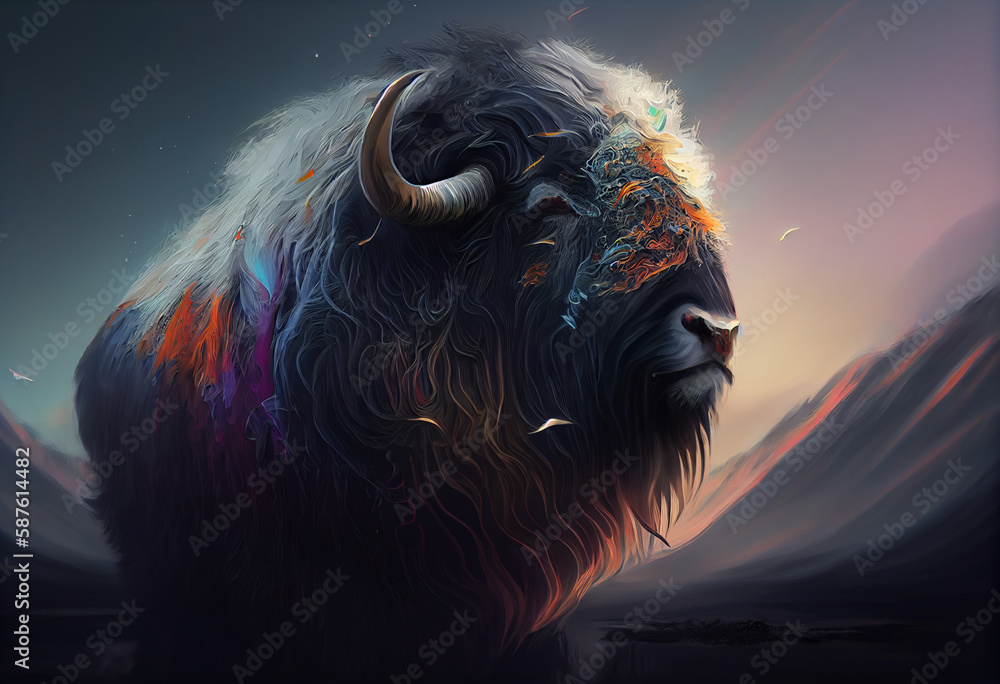An abstract, surrealist portrait of a Bison, featuring exaggerated ...
