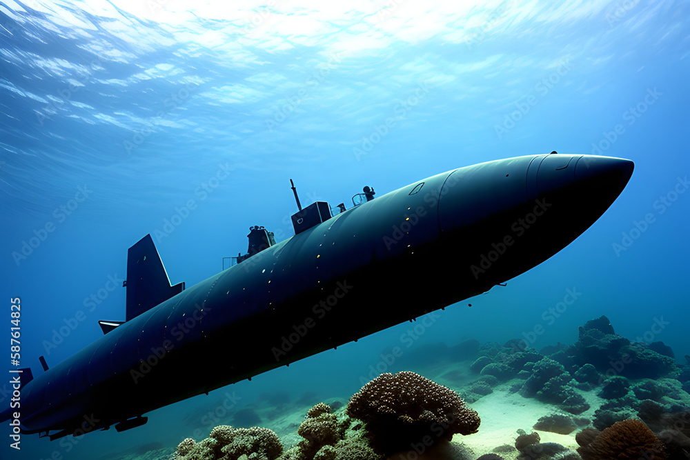 Naval submarine submerge underwater during a mission in open sea Stock ...