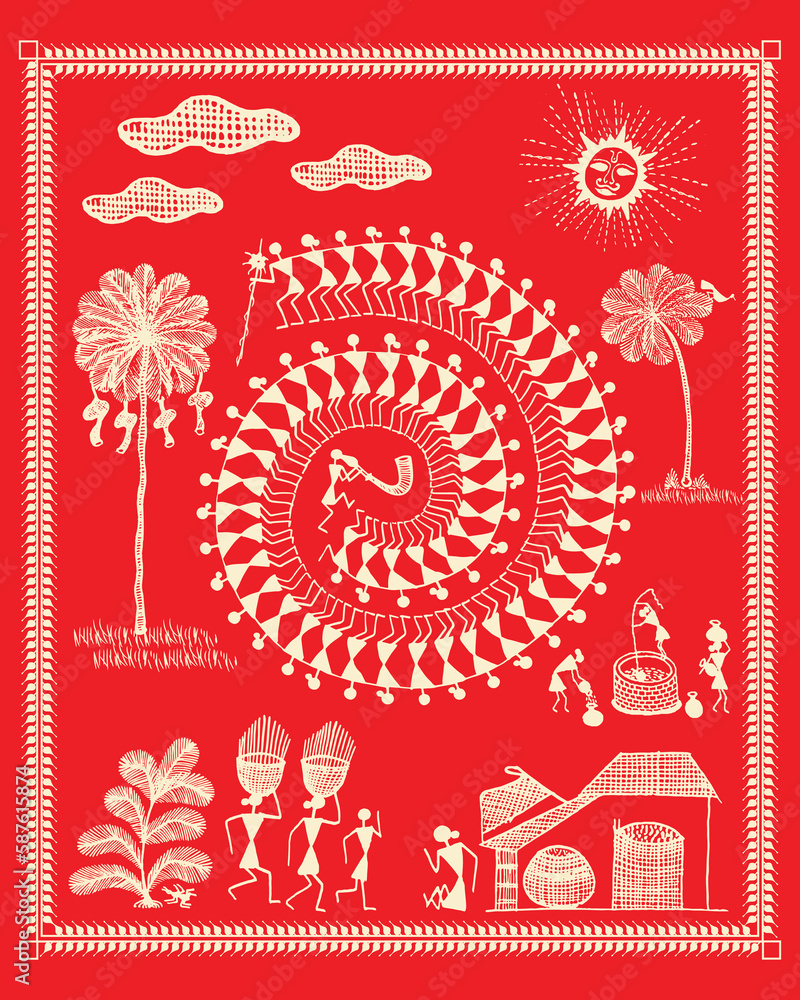 The great warli folk painting showing indian tradition and life. True ...