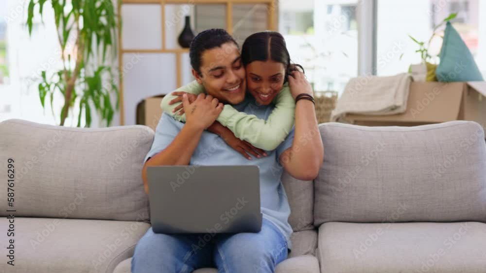 Love, hug and couple with laptop, bonding and social media in lounge ...