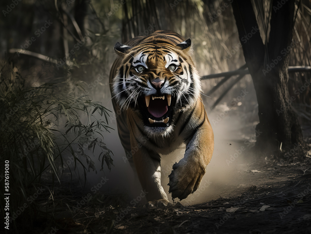 Angry tiger roaring and charging, forest wildlife action shot - generative AI Stock Illustration ...
