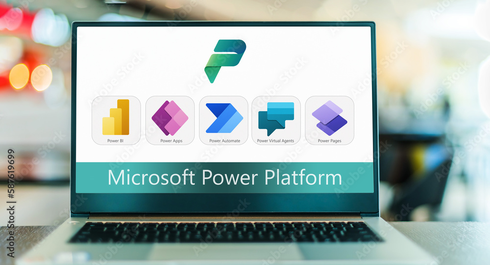 Laptop computer displaying icons of Microsoft Power Platform Stock ...