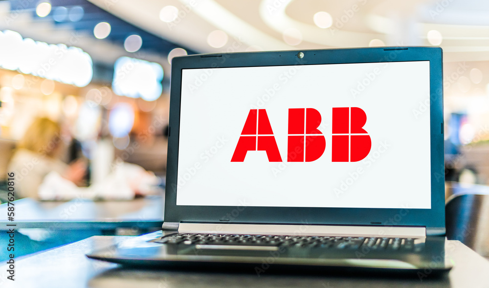 Laptop displaying logo of ABB Stock Photo | Adobe Stock