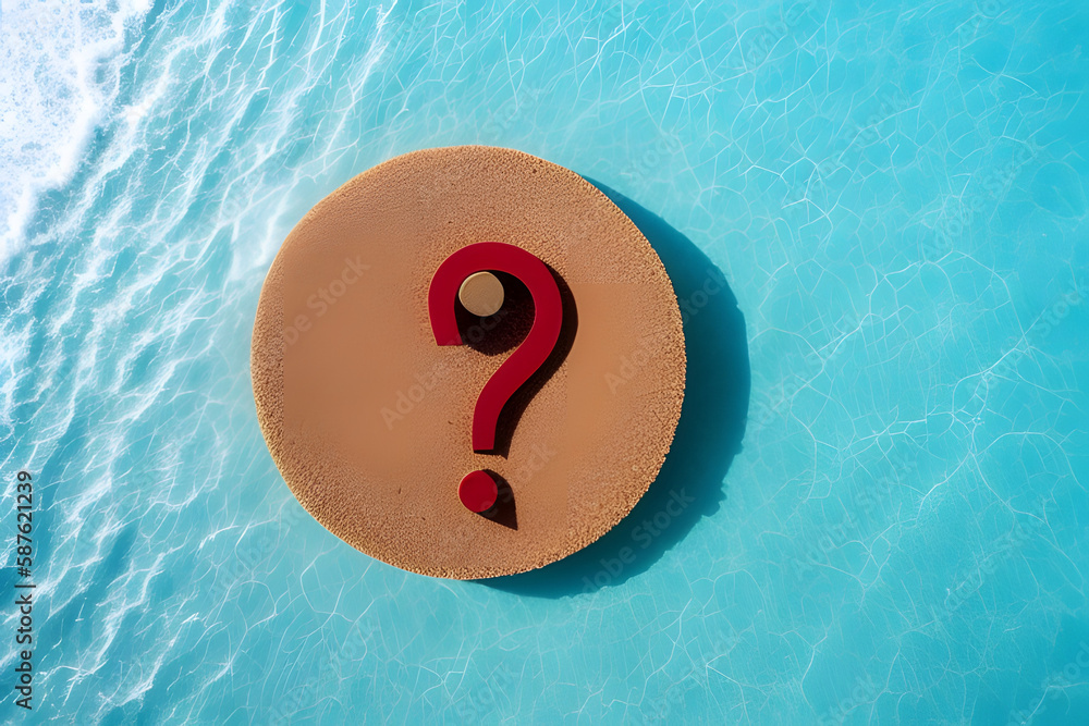 Question mark on tropical sea water surface as symbol of uncertainties ...