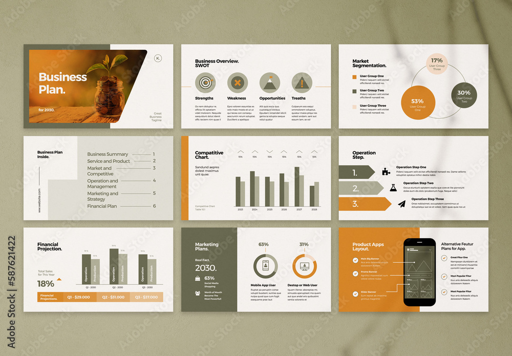Business Plan Presentation Layout Template with Green Background Color ...