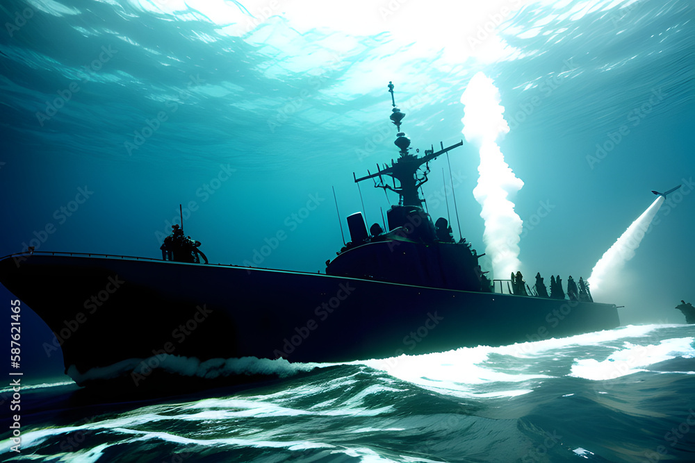 Naval submarine submerge underwater during a mission in open sea Stock ...