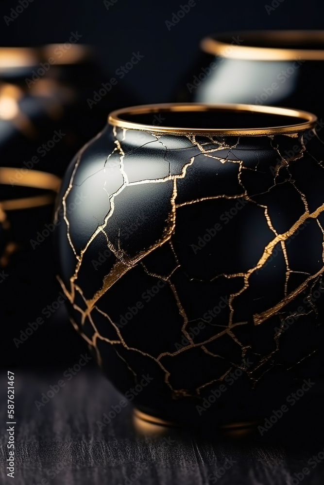 Elegant black and gold Kintsugi bowls and vases. Restoration of golden ...