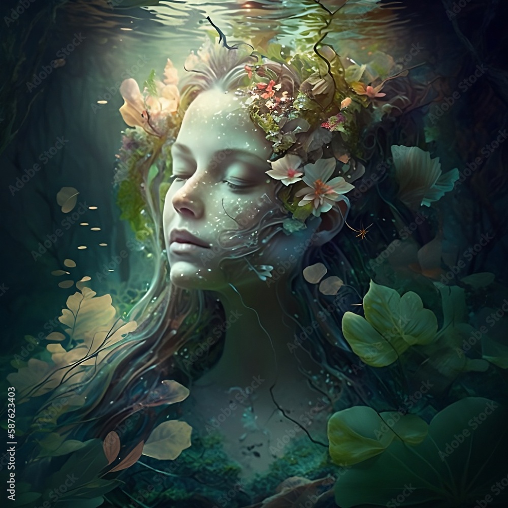 Mermaid in the water, goddess of nature in lotus position in an ...