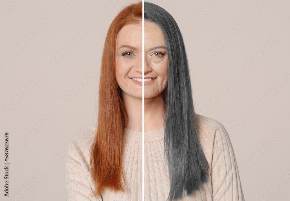 Changes in appearance during aging. Portrait of woman divided in half ...