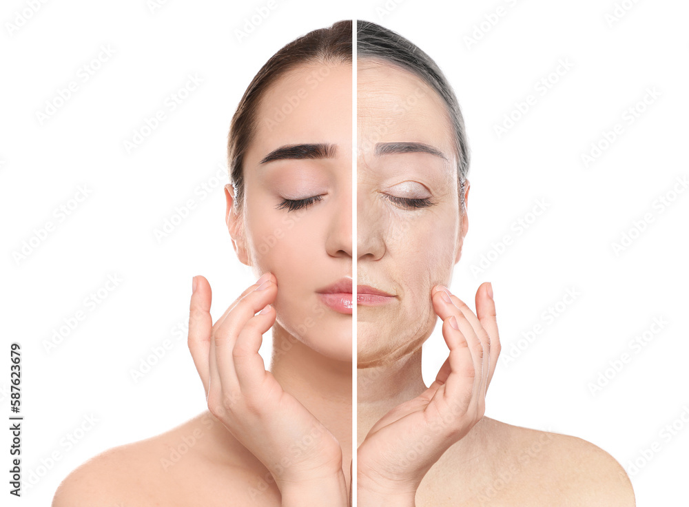 Changes in appearance during aging. Portrait of woman divided in half ...