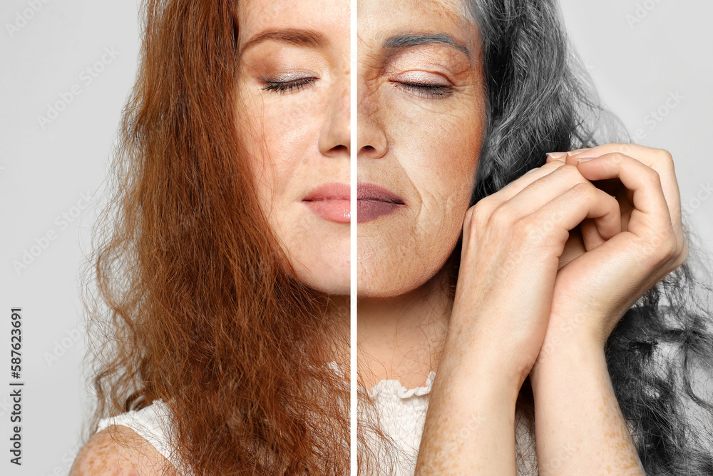 Changes in appearance during aging. Portrait of woman divided in half ...