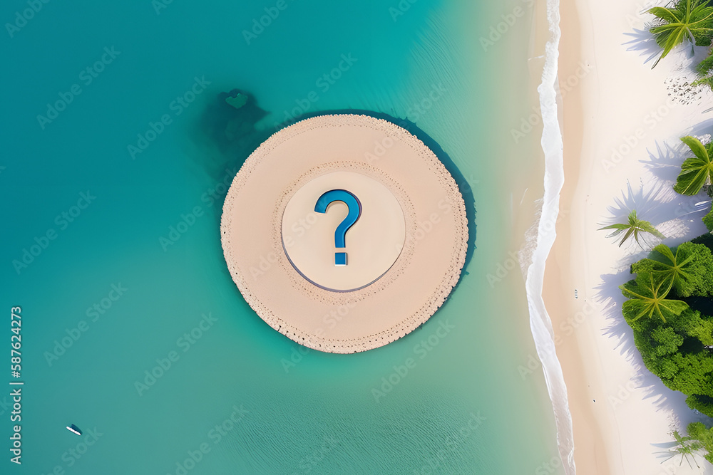 Question mark on tropical sea water surface as symbol of uncertainties ...