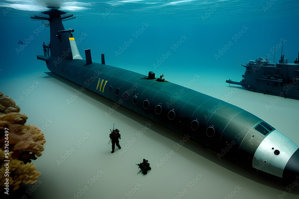 Naval submarine submerge underwater during a mission in open sea Stock ...