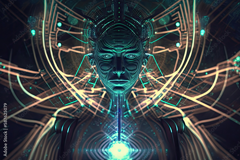 Cosmic trance and hypnosis concept of glowing body silhouette neural ...