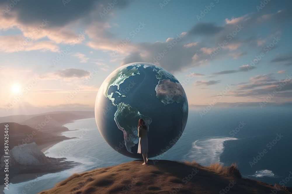 The Planet Earth with a woman stepping off. Finding harmony alone with ...