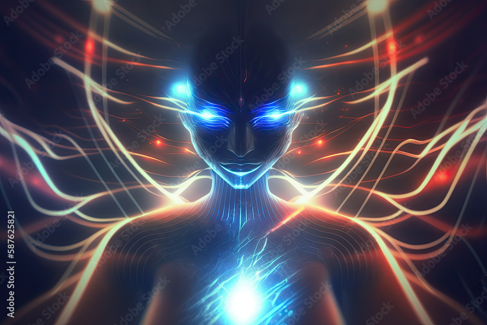 Cosmic trance and hypnosis concept of glowing body silhouette neural ...