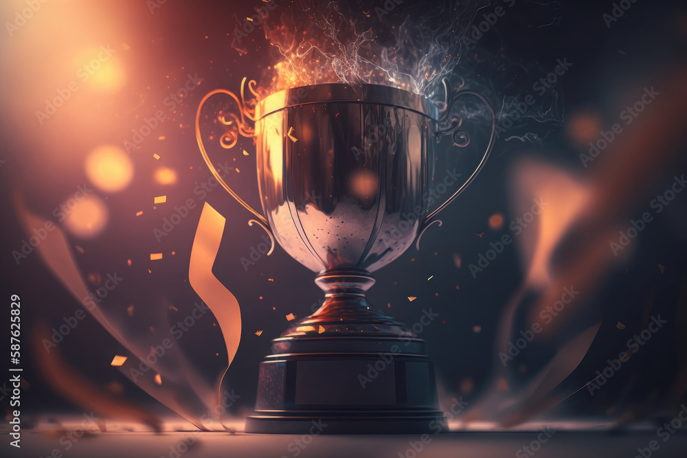 Golden champion trophy cup winner on blur bokeh dark lights background ...