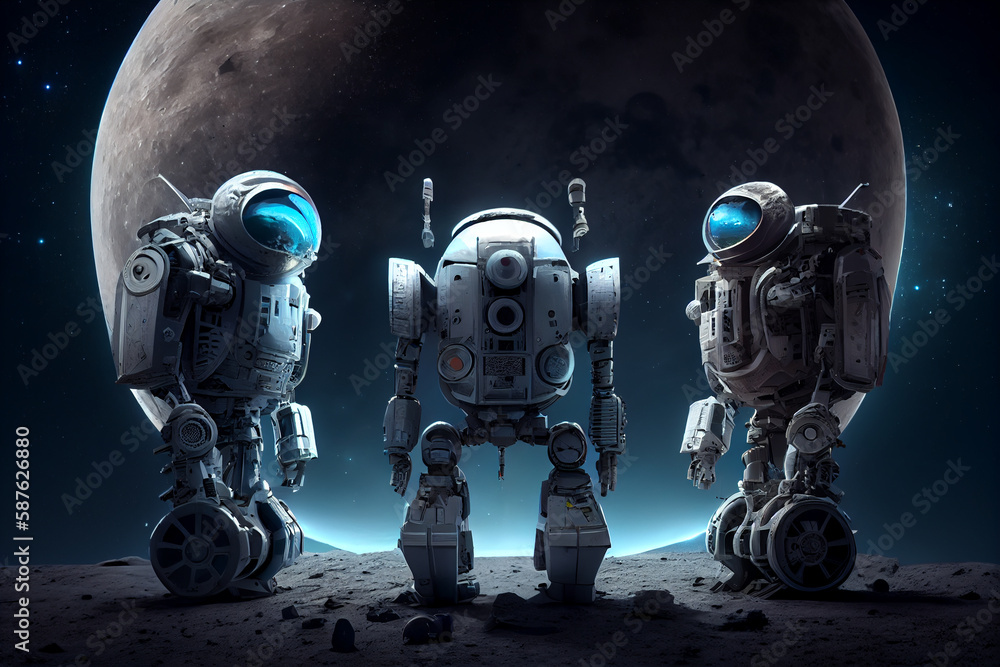 three robots in space galaxy standing on planet with moon view ...