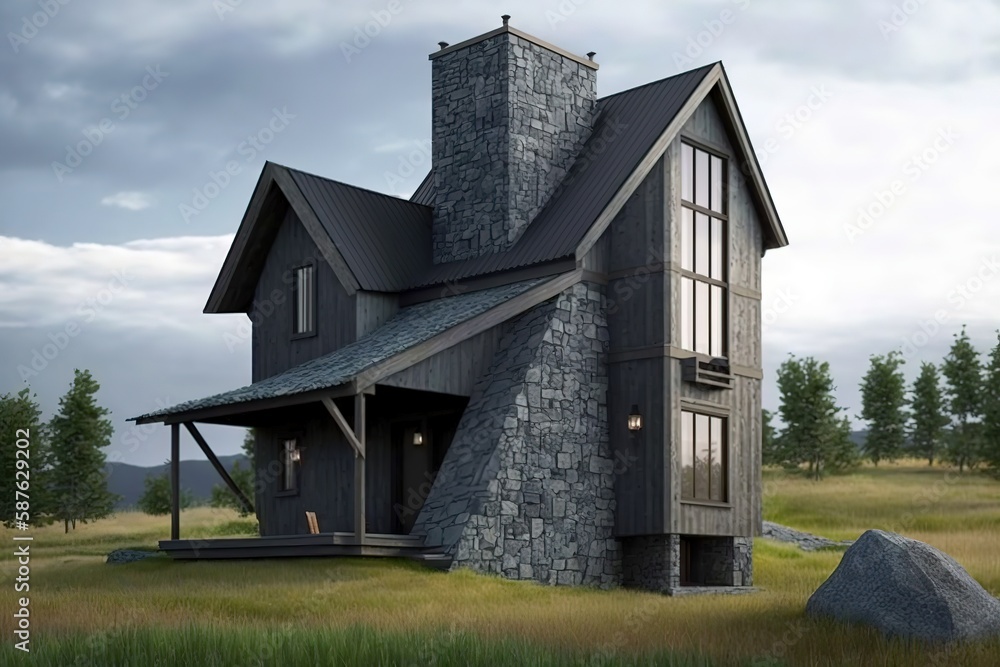 small 2 story house in the country, perched on the side of a hill ...