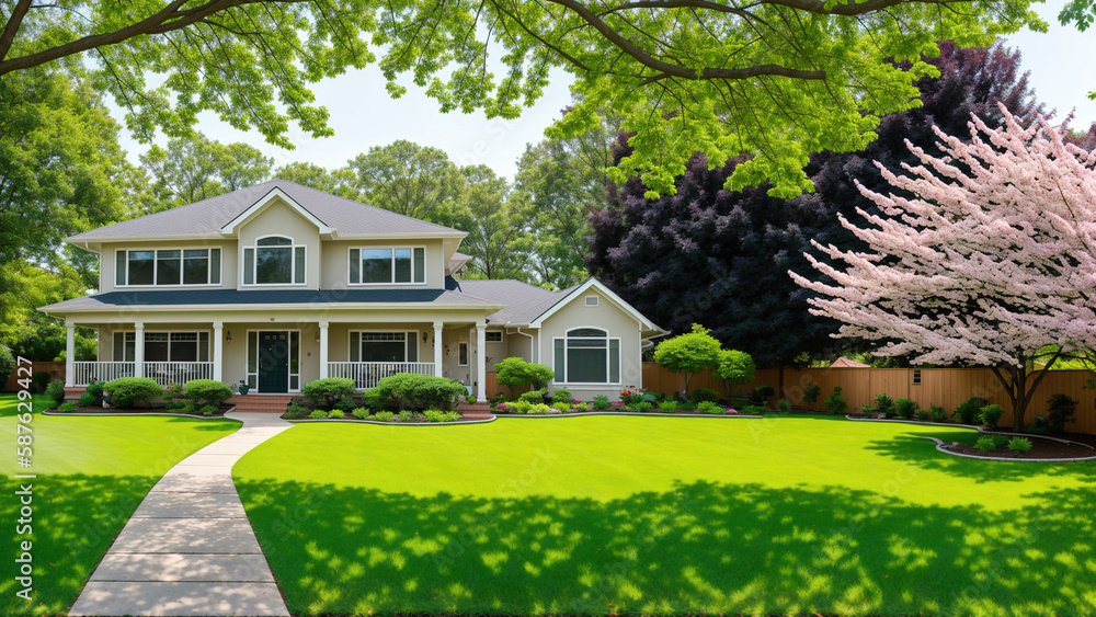 Modern suburban house in spring, wide shots of home gardens, lawns ...