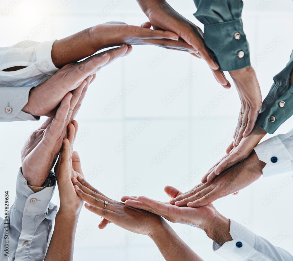 Teamwork, collaboration and hands of business people in circle for ...